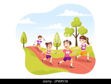 Relay Race Illustration Kids by Passing the Baton to Teammates Until ...