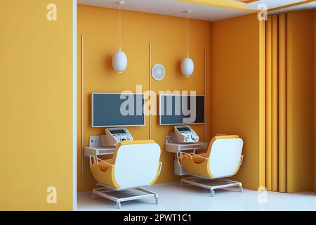 Side view of a hospital ward with yellow walls, two beds, two monitors ...