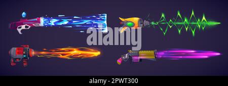 Magic game space gun with laser beam comic vector effect. Weapon ...