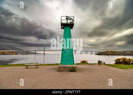 Inverness Scotland green lighthouse at Carnac Point and a view of the ...