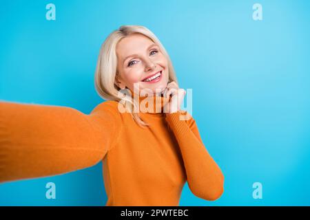 Photo of adorable lovely lady make selfie recording video pouted lips ...