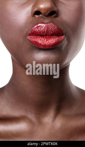 Face, lipstick and pout of african woman in studio on white background ...