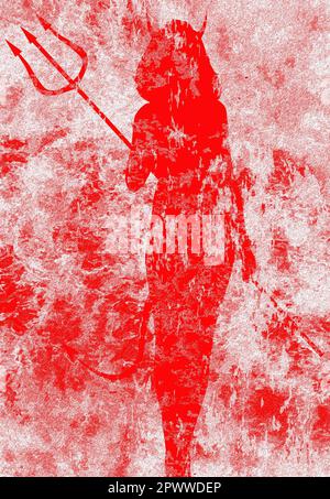 A devil woman walking through the fires of Hell as a red background ...