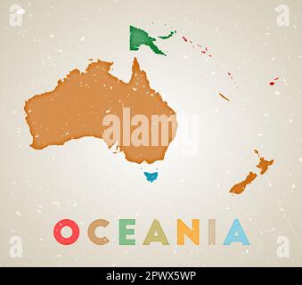 Oceania map. Continent poster with regions. Shape of Oceania with ...
