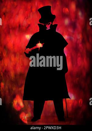 A Jack the Ripper silhouette with knife set over a dark red background ...