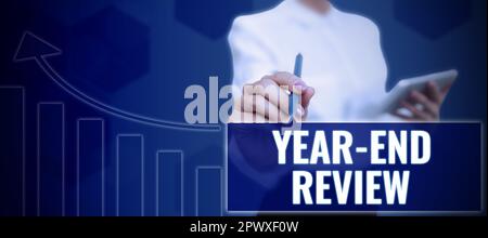 Text caption presenting Year end Review. Business showcase annual assessment of achievement and ...