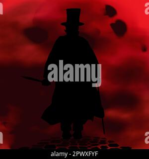 A Jack the Ripper silhouette with knife set over a dark red background ...