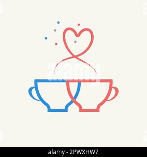 Coffee talk icon, two cups of coffee, tea. Funny faces, smile on mugs ...