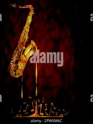 A saxophone melting into musical notes over a red background Stock ...