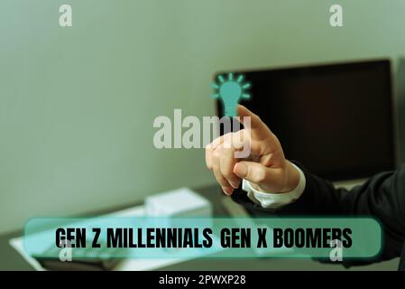Hand writing sign Gen Z Millennials Gen X Boomers, Word Written on ...