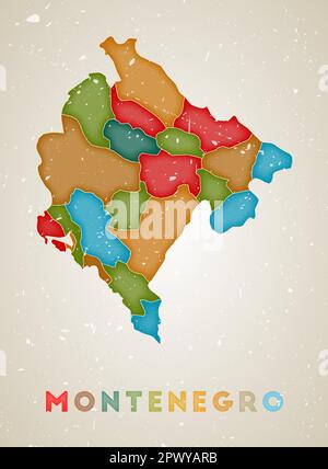 Montenegro vintage map. Grunge poster with map of the country in retro ...