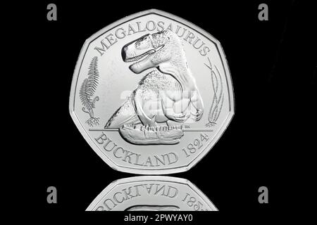 50p issued in 2020 featuring a Megalosaurus as the first coin in a ...