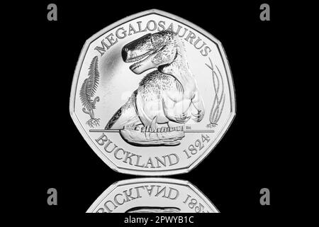 50p issued in 2020 featuring a Megalosaurus as the first coin in a ...
