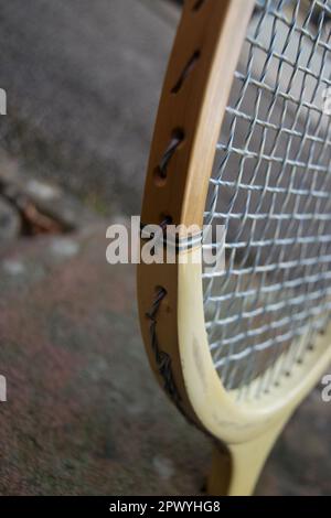 Vintage tennis racket with tight strings Stock Photo - Alamy