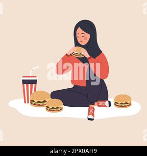 Eating disorder. Depressed woman eating fast food. Concept of extreme ...