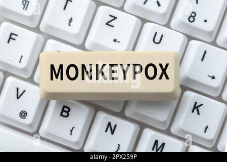 Hand writing sign Monkeypox. Concept meaning poxvirus of Africa caused ...