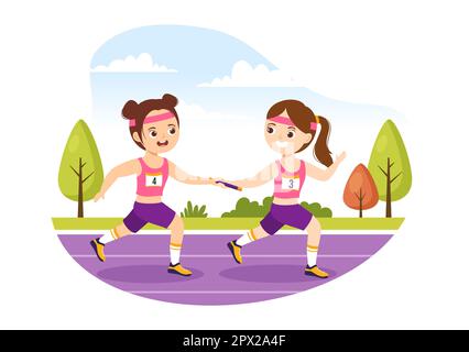 Relay Race Illustration Kids by Passing the Baton to Teammates Until ...