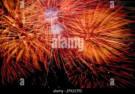 A colorful high-altitude fireworks display in the night sky with ...