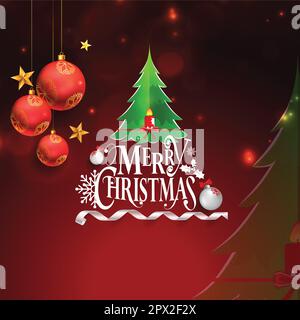 green christmas tree on red paper art abstract background with sky and ...