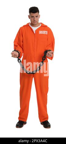 Prisoner in orange jumpsuit with chained hands on white background ...