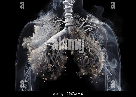 Silhouette of a man with diseased smoky lungs. The lungs of a sick ...