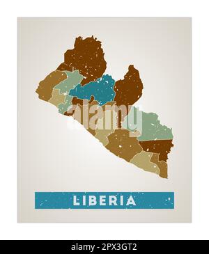 Liberia map. Country poster with regions. Shape of Liberia with country ...