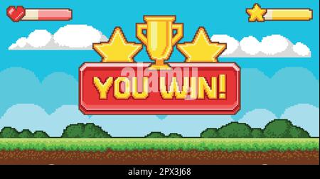 Level Up screen. Pixel video game achievement, pixels 8 bit games ui ...