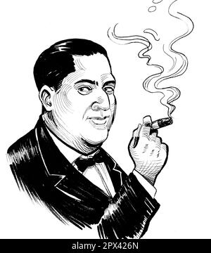 Cartoon illustration of rich man smoking cigar Stock Photo - Alamy