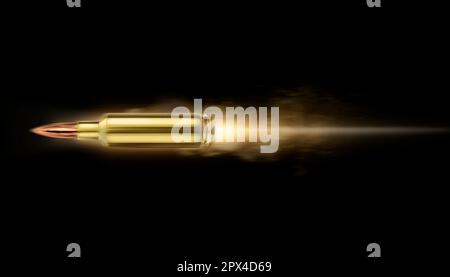 Moving Gun Bullet Shot and fire sparkles. on black background. 3d ...
