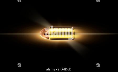 Moving Gun Bullet Shot and fire sparkles. on black background. 3d ...