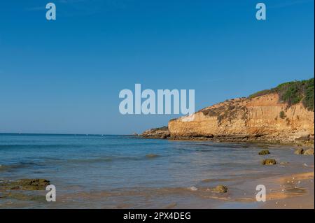 Maria Luisa beach with rock formation in Albufeira, Algarve, Portugal ...