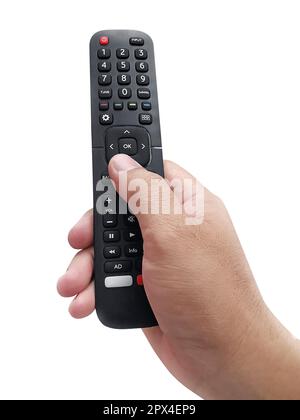 Hand pressing remote control isolated on white background with clipping ...