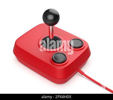 Red vintage computer joystick with two buttons on white background ...