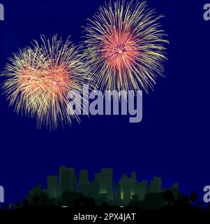 Sky rocket fireworks exploding over a dark night city at night Stock ...