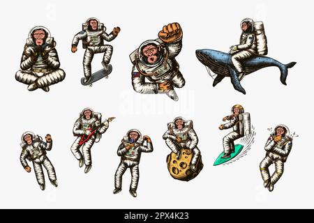 Monkey astronaut with whale, guitar, skateboard and moon. Chimpanzee ...