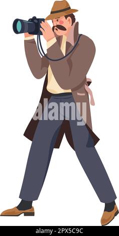 Male private detective with professional camera conducts investigation ...