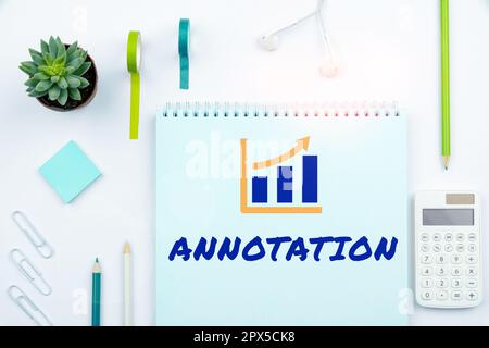 Hand writing sign Annotation, Business showcase note added by way of ...