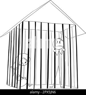 Family locked in house as in prison or cage, vector cartoon stick ...
