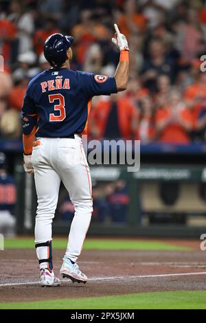 Houston Astros' Jeremy Pena hits a single during the fourth inning of ...