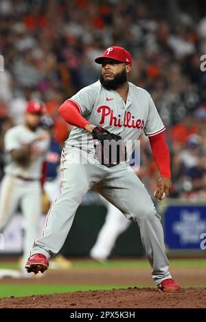 Philadelphia Phillies pitcher José Alvarado warms up before a baseball ...