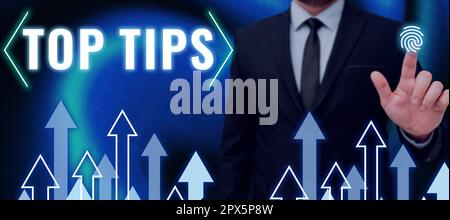 Hand writing sign Top Tips, Concept meaning a small but particularly ...