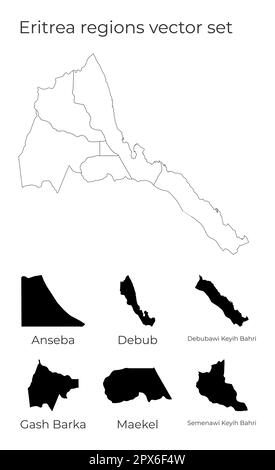 Eritrea country silhouette. Set of 3 high detailed maps. Solid black silhouette, thick black ...