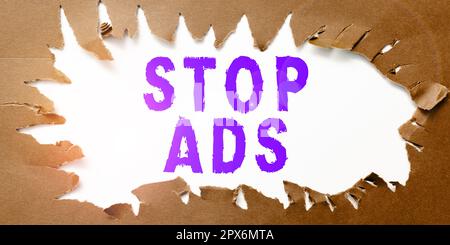 Text caption presenting Stop Ads. Concept meaning program that will ...