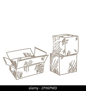 Open and closed cardboard box. Delivery package in side, front and top ...