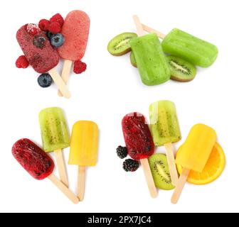 Set with tasty berry ice pops on white background Stock Photo - Alamy
