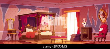 Abandoned victorian style bedroom. Vector cartoon illustration of messy ...