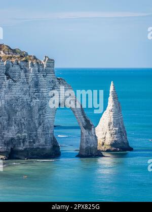 the 70m-high chalk cliff of Falaise d'Aval at Étretat on the Côte d ...