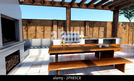 3D rendering of a Mediterranean outdoor kitchen exterior at pool Stock ...