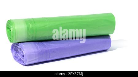 Plastic trash bags with strings on white background, close up Stock ...