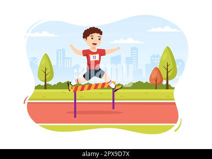 Kids Athlete Run Hurdle Long Jump Sportsman Game Illustration in ...